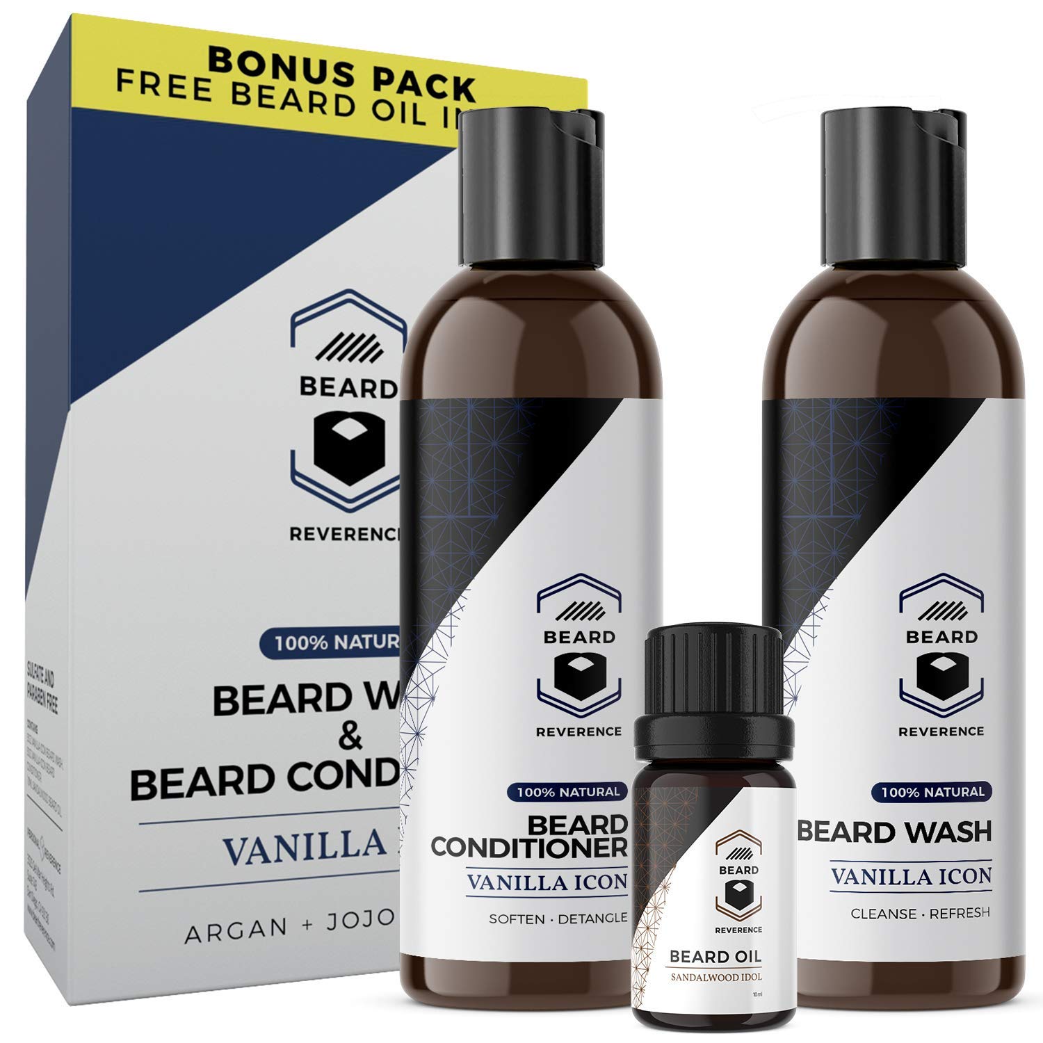 Beard Shampoo & Conditioner Set β Includes Free Beard Oil - All Natural Beard Care Softener for Beard Growth w/Argan and Jojoba Oils - Vanilla Scent β 5oz each