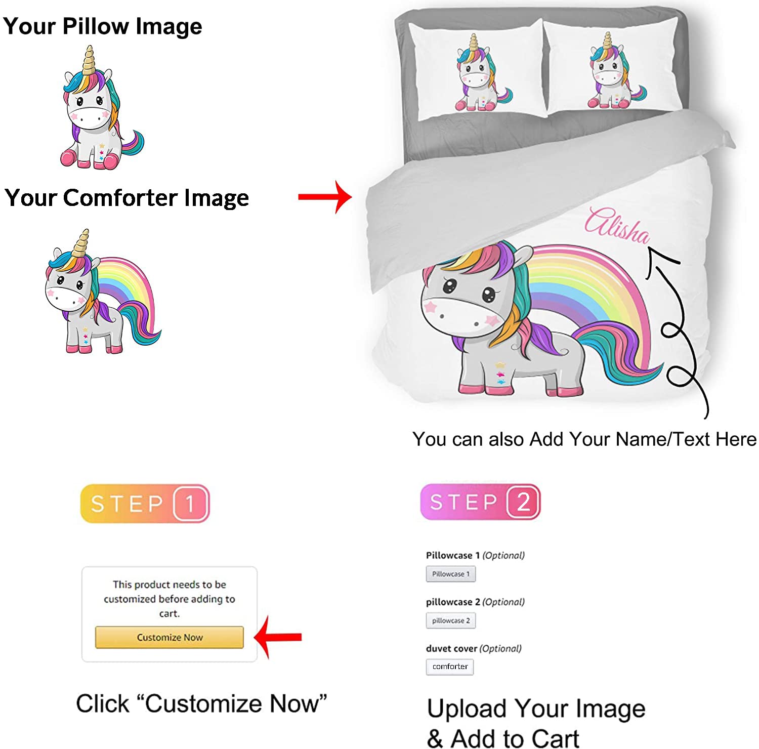 Custom Comforter Set with Photos Personalized Customized Picture Bedding Sets for Boys Girls (1 Comforter and 2 Pillowcases)