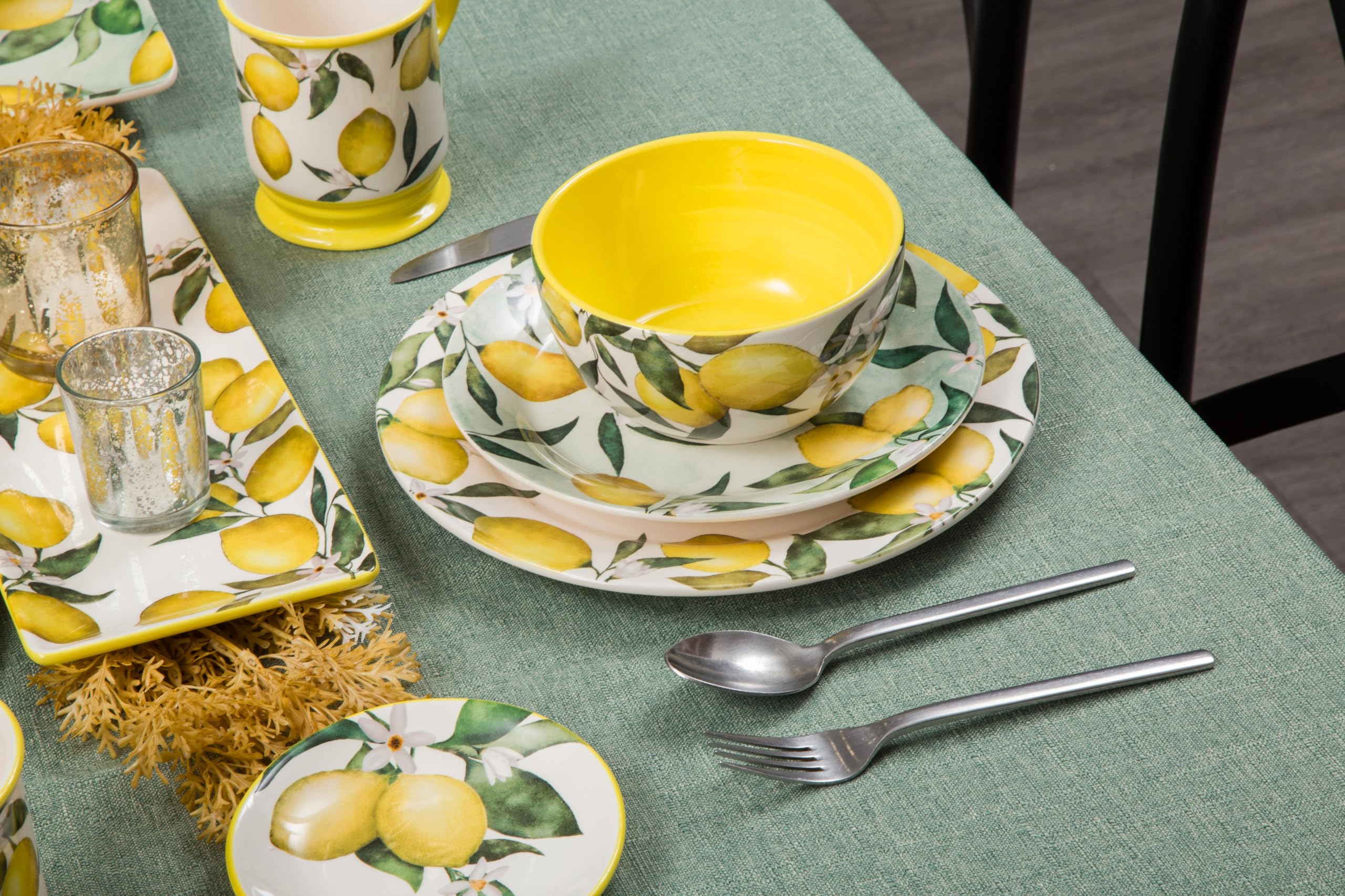 Bico Lemon Dreams 11 inch Dinner Plates, Set of 4, for Pasta, Salad, Maincourse, Microwave & Dishwasher Safe