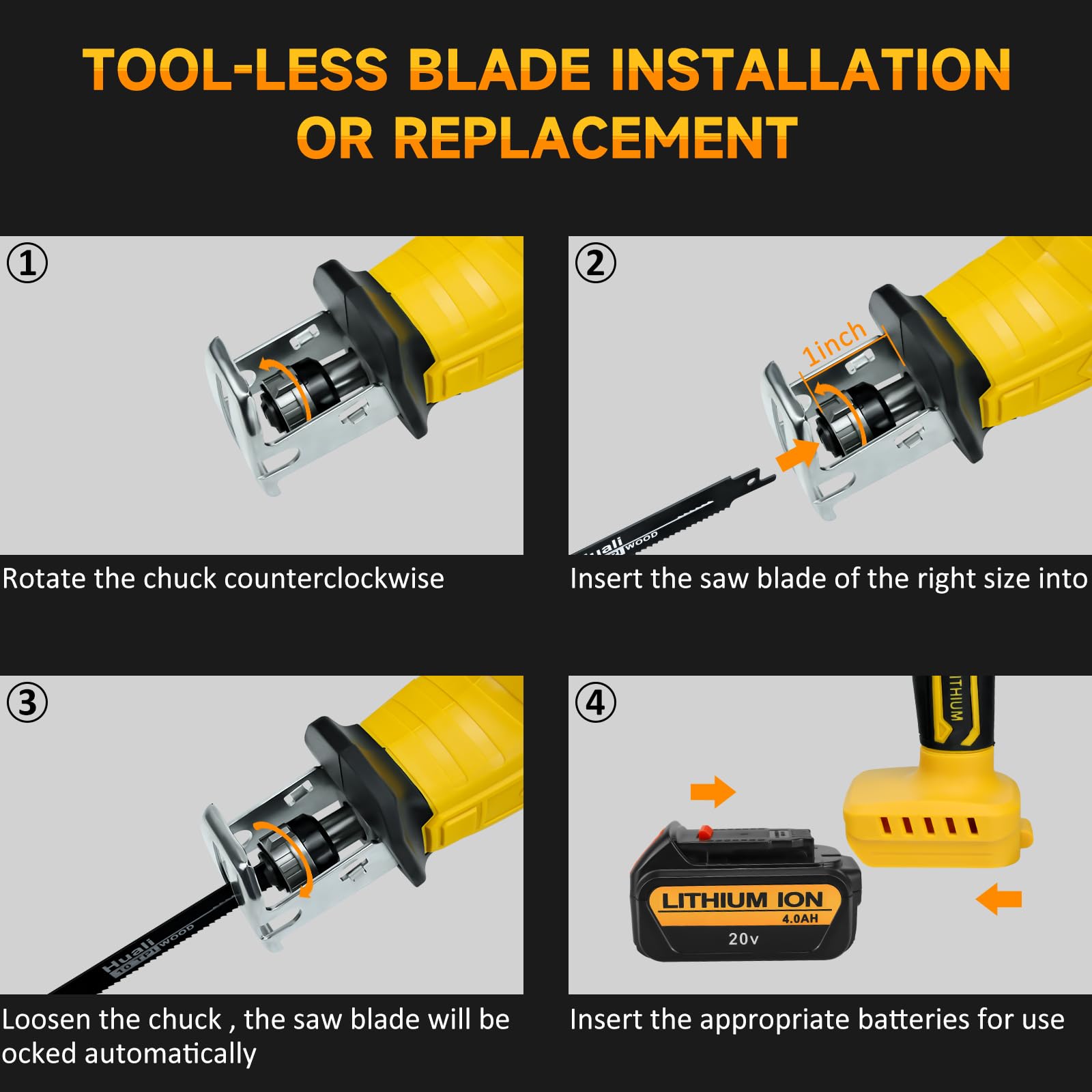 Cordless Reciprocating Saw for DeWalt 20V MAX Battery, 0-3000 SPM Variable Speed Trigger, Tool-free Blade Change, Power Recipro Saw with 4 Saw Blades for Wood & Metal, Trees, PVC Cutting(No Battery)