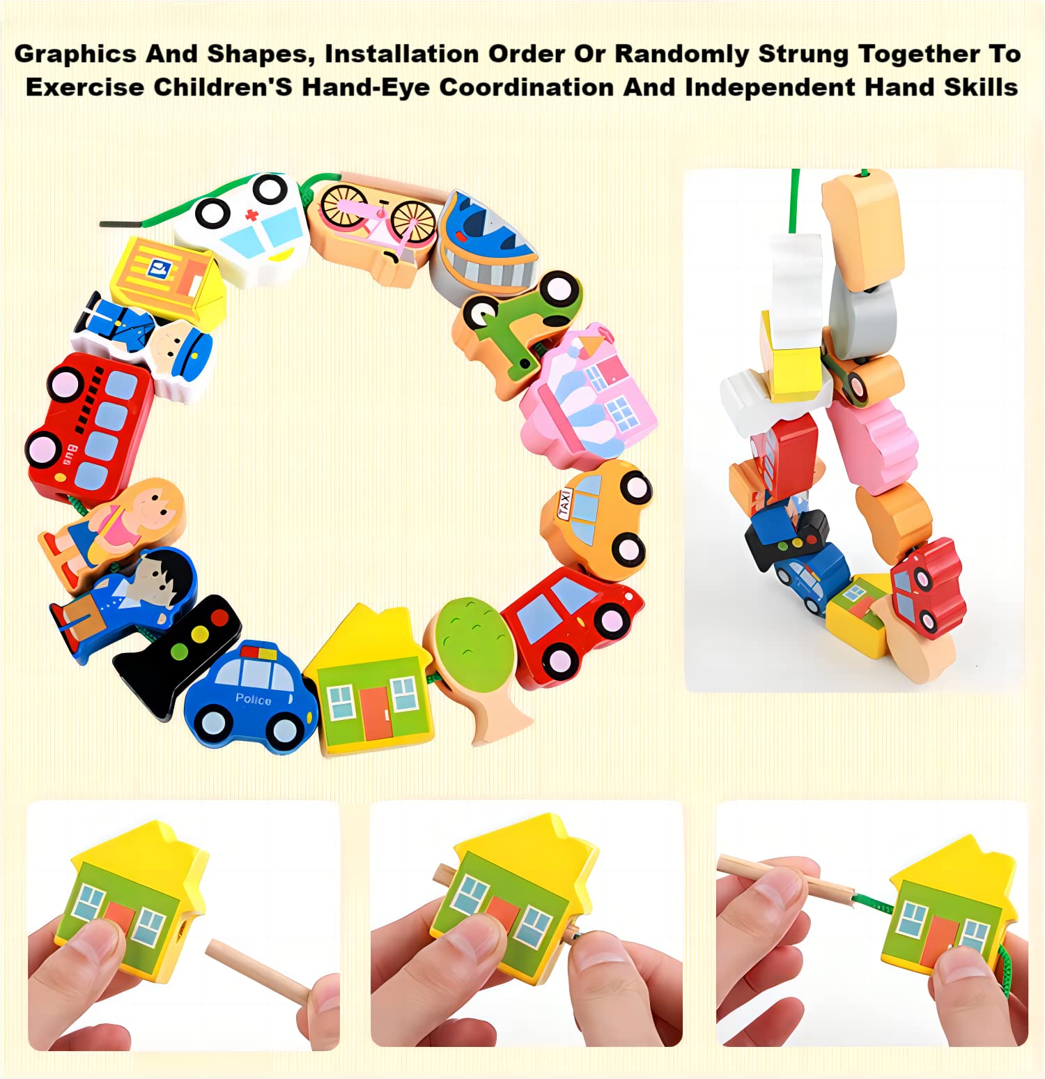 KanCai Wooden City Figures and Cars Lacing & Stringing Beads Toys Over 3 4 5 Year Old Kids Block Set Toy