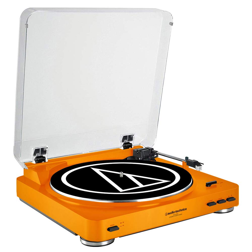 Audio-Technica Fully Automatic Stereo Turntable System Orange (AT-LP60OR) Bundle with 3" Multimedia Monitors Pair + Deco Gear Silicone Rubber Turntable Platter Mat
