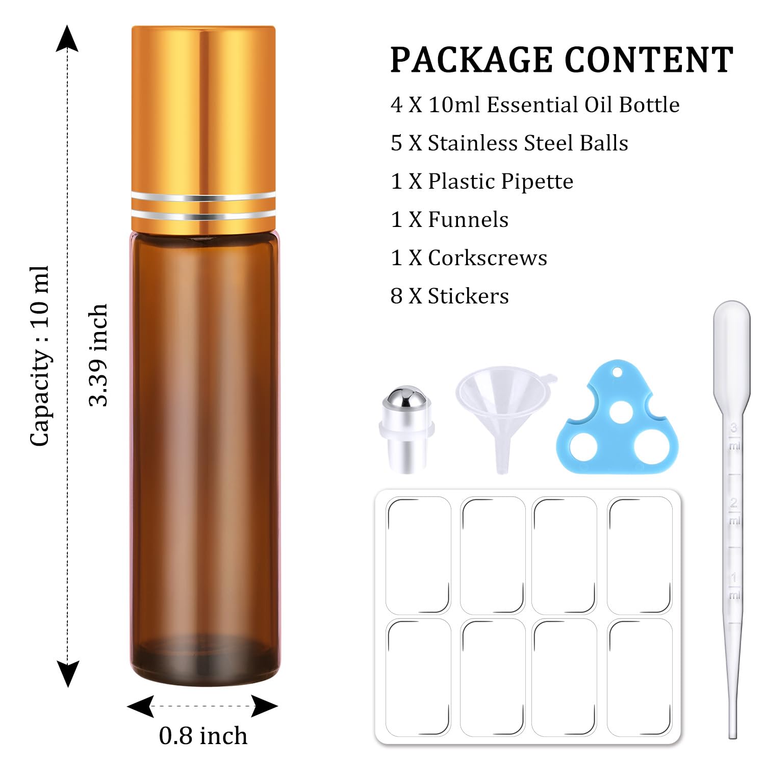 bofessor 4 Pack, Essential Oil Roller Bottles, Amber Glass Roller Balls for Essential Oils