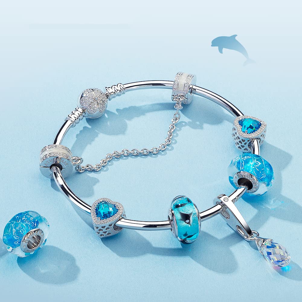 ATHENAIE Murano Glass 925 Sterling Silver Blue Glittering Ocean Wave Charms Beads for Bracelet Christmas Gift