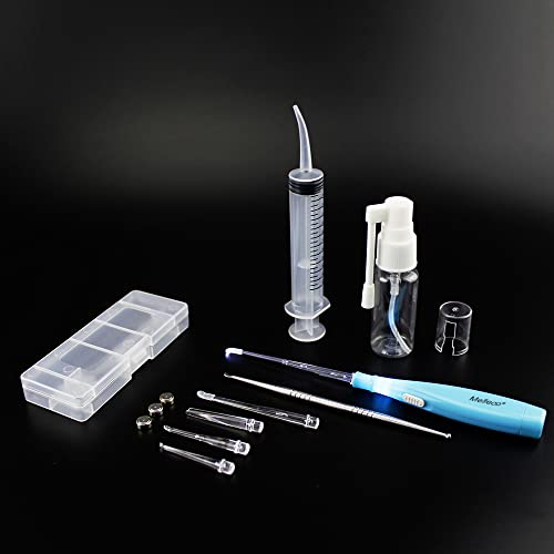 Melleco Upgraded 6.75" Tonsillith Pick Tonsil Stone Remover Tool Care, Blue + Cleaning Irrigator Syringe + Stainless Steel Pick + Throat Nose Nasal Mist Pump Bottle