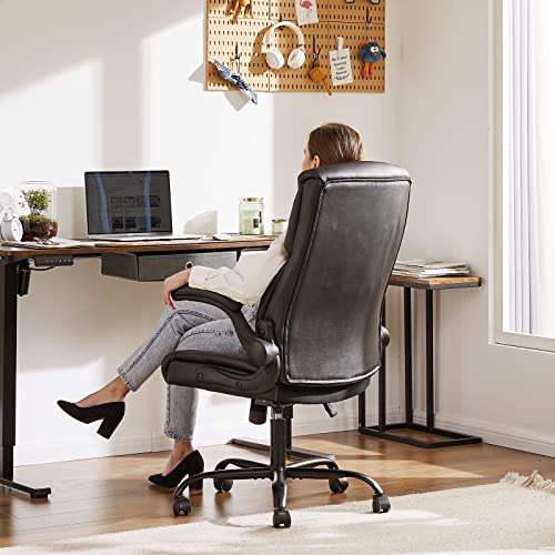 Office Chair - Ergonomic High Back Desk Chairs, Heavy Duty Task Chair with Flip-up Arms, PU Leather, Adjustable Swivel Rolling Chair with Wheels, Black