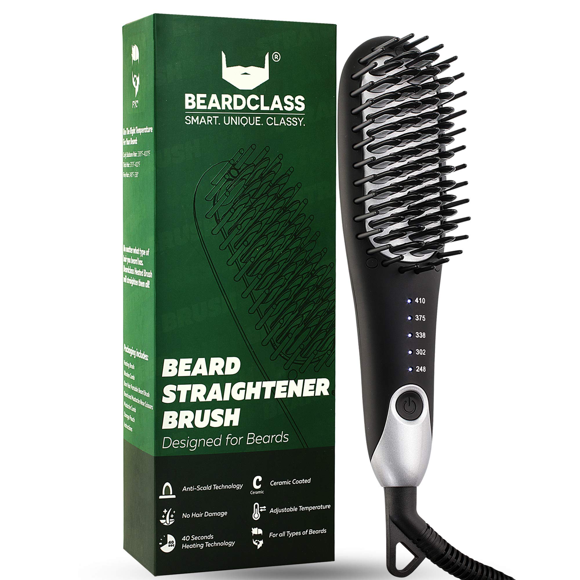 BEARDCLASS Premium Beard Straightener Comb - USA Designed for Beards! Fast Heating Electric Straightening Brush for Men with Anti-Scald Technology - Adjustable Temperature Portable Heated Straightner