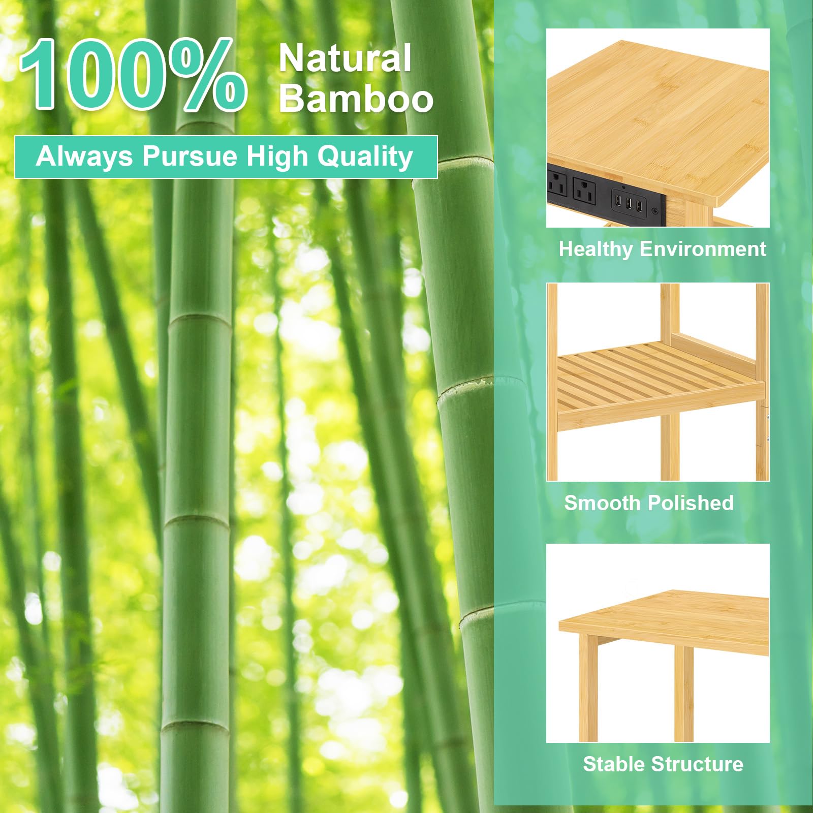 Bamboo End Table, 3 Tier End Table Side Table with Storage Shelf, Nightstand with Charging Station, Small Bedside Table with USB Ports and Outlets for Bedroom Sofa Office, 3 Tier Side Table
