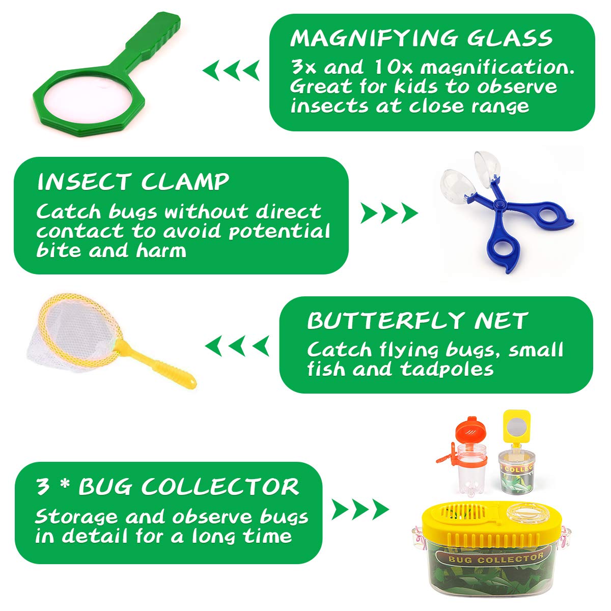kaqinu Kids Explorer Kit, 24 PCS Outdoor Adventure Camping Kit & Bug Catcher Kit with Drawstring Bag, Binoculars, Compass, Butterfly Net, Educational Nature Exploration Toys Gift for Boys & Girls