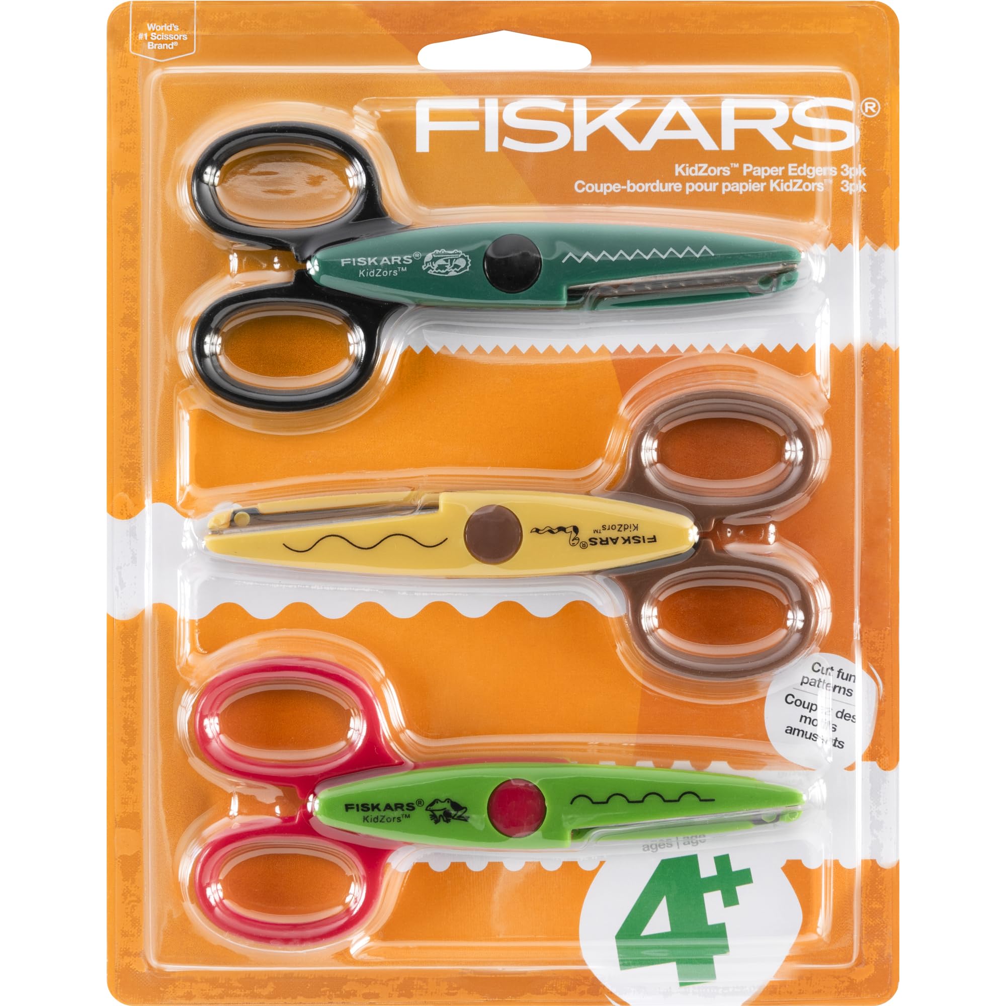 Fiskars Decorative Edge Craft Scissors (3-Pack) for Kids Ages 4-7, Scissors for Crafting, Scissors for Kids, Swamp Animal Pattern Design Scissors, Colorful Zig Zag Scissors