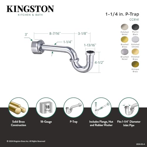 Kingston Brass CC8141 Circlet 1-1/4-inch Brass P-Trap, 18 Gauge, Polished Chrome