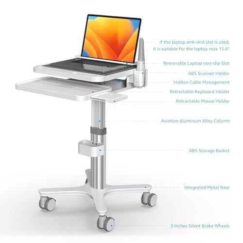 BEWISER Medical Cart Mobile Trolley Cart Height Adjustable Easy Installation Pallet Cart with Oral Scanner Holder Laptop Workstation(MTO-3)