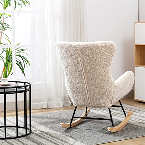 Tsuysi Teddy Rocking Chair Nursery, Upholstered Rocking Chairs with High Backrest and Armrests, Small Glider Chair for Nursery, Living Room, Bedroom (Beige)