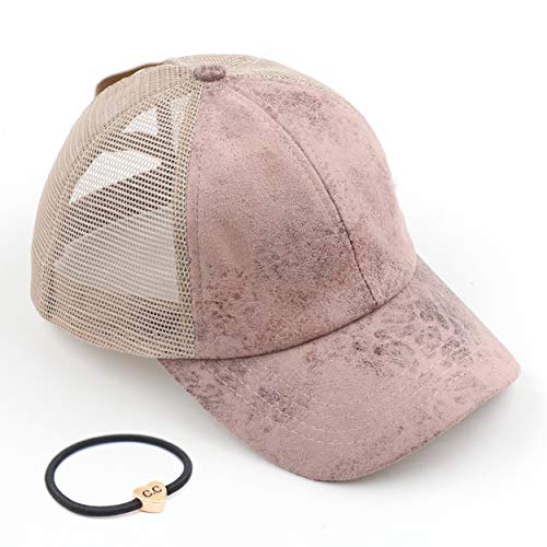 C.C Exclusives Washed Distressed Cotton Denim Criss-Cross Ponytail Hat Baseball Cap Bundle Hair Tie (BT-923) (A Elastic Band-Vintage Faux Leather Rose)
