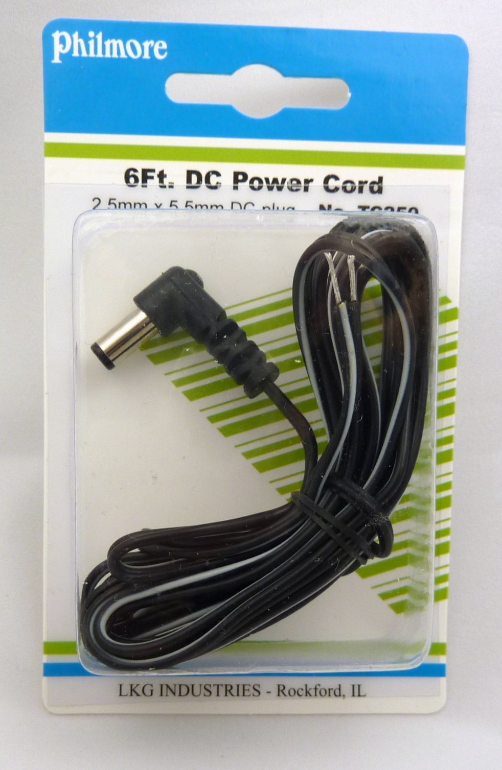 Philmore Right Angle DC Power Plug with 6 feet Cable - 2.5mm I.D. 5.5mm O.D TC250