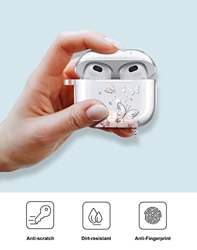 JAHOLAN AirPods 3 Case Clear Butterfly Case Cute Protective Soft Shockproof Cover with Keychain for Women Girls Compatible with AirPods 3rd Generation Wireless Charging Case - Butterfly Flower Pink