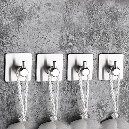 SKEMIX Self Adhesive Hooks,Heavy Duty Wall Hooks Coat Hooks Robe/Towel Hooks, 304 Stainless Steel Brushed Nickel Bathroom Kitchen Organizer (4-Pack)