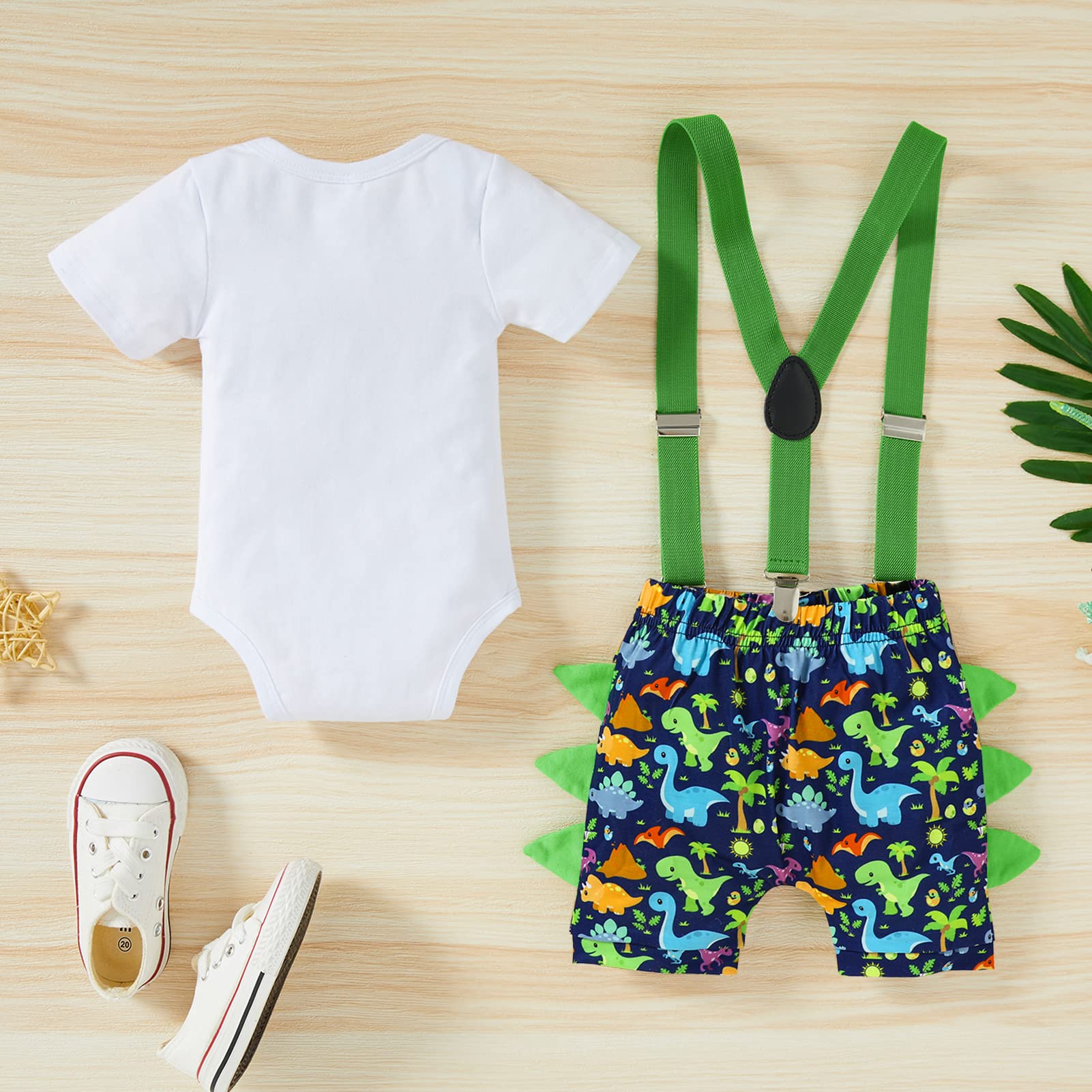 Baby Boys Cake Smash Clothes Dinosaur Romper Diaper Suspenders Pants 3PCS Set First Birthday Outfit for Photo Prop Party Saurus 12-18 Months