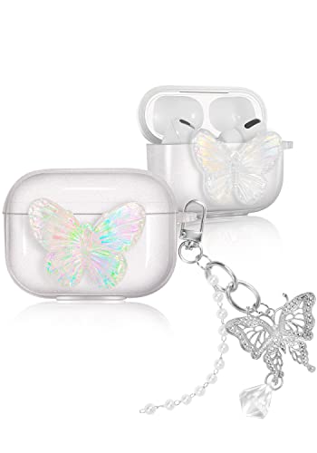 JoySolar Clear Butterfly Girls Case for AirPod Pro 2019/Pro 2 Gen 2022 Aesthetic Cute Glitter TPU Cases Women Girly for AirPods Pro Cover Pretty Bling Shiny Stylish with Keychain for Air Pods Pro