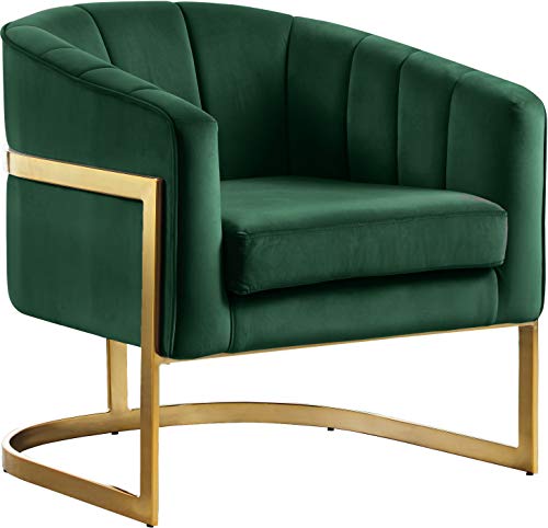 Meridian Furniture Carter Collection Modern | Contemporary Upholstered Velvet Barrel Accent Chair with Gold Stainless Base, Green, 29" W x 27.5" D x 31" H