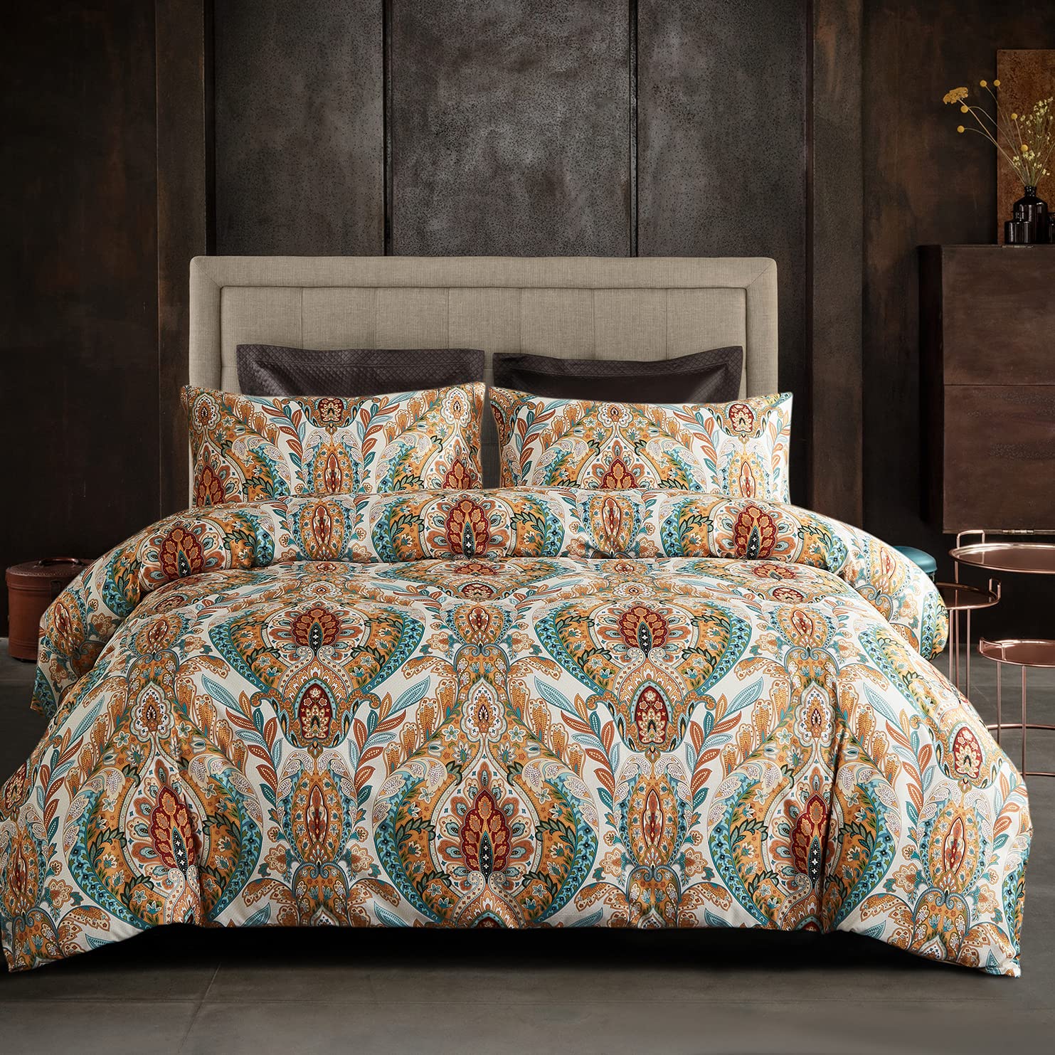 MorroMorn Floral Duvet Cover King Size 3 Pcs Comforter Bedding Set Aesthetic Shabby Chic Retro Vintage Hippie Soft Lightweight (Damask, King/California King)