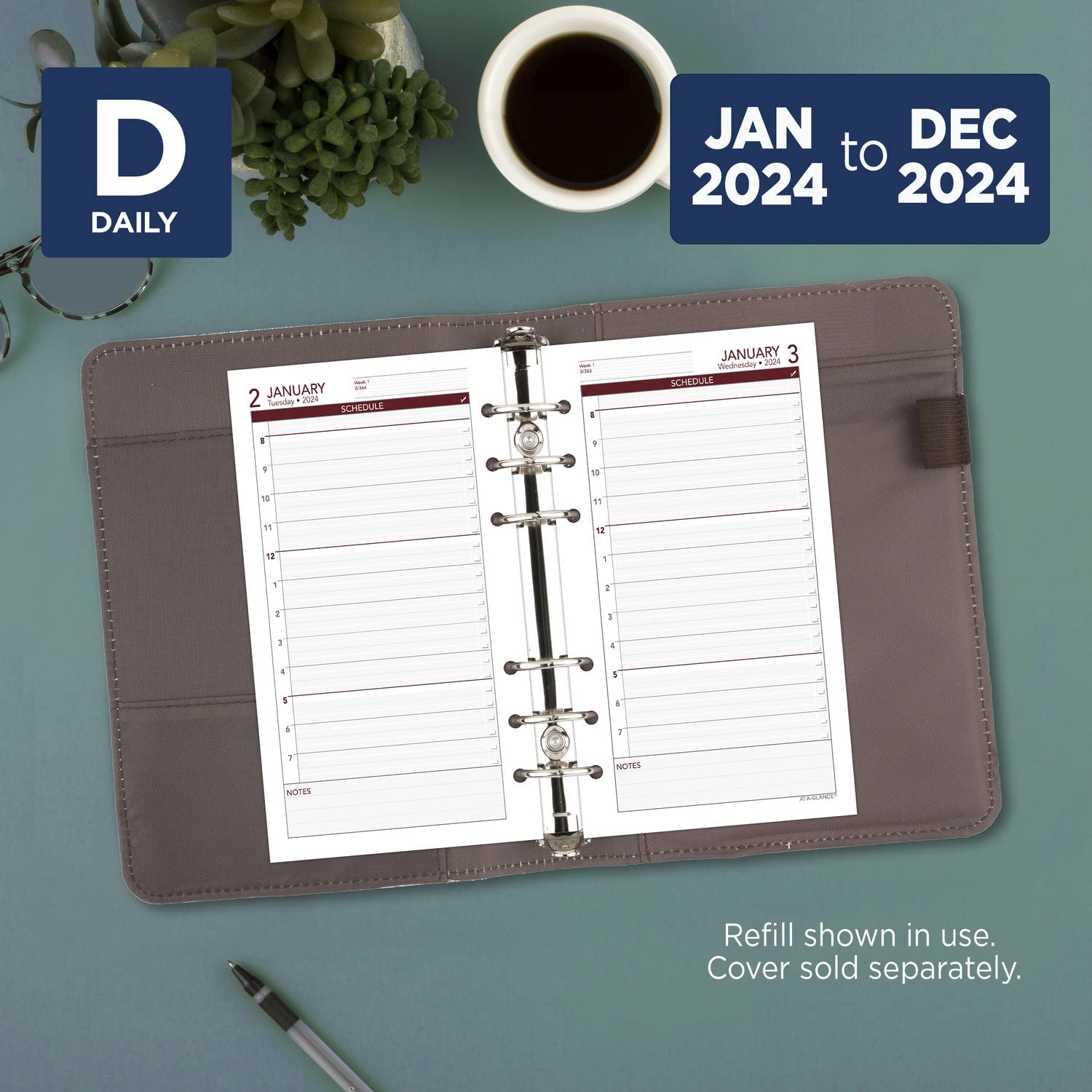 AT-A-GLANCE 2024 Daily Planner One Page Per Day Refill, 3-3/4" x 6-3/4", Portable Size, Loose-Leaf (063-125Y-24)