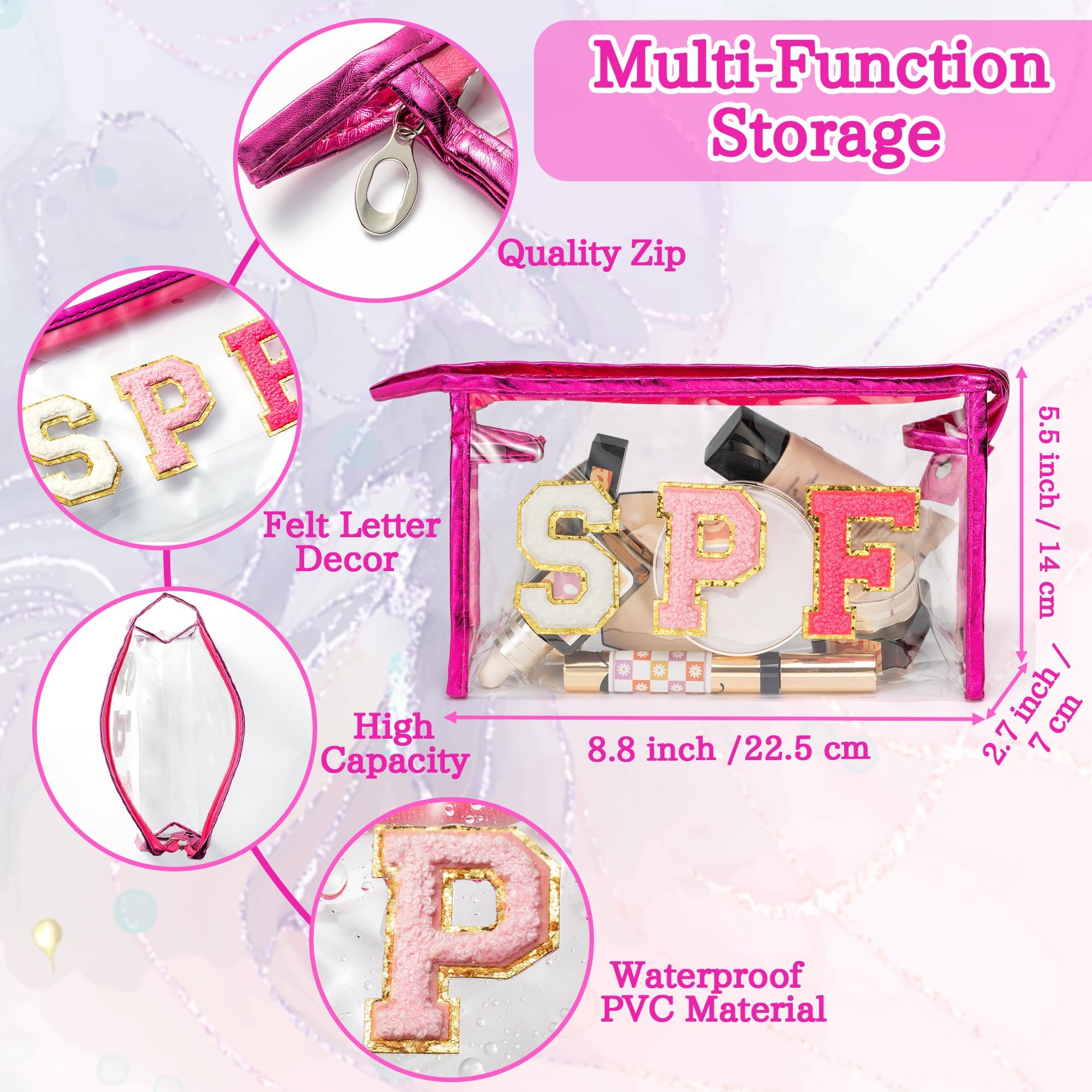AsodSway Preppy Patch SPF Clear Cosmetic Bag SPF Varsity Letter Toiletry Bag Waterproof PVC Cosmetic Case Multi-Function Zippered Pouch Makeup Bag for Beach Pool, Pencil Case Pen Pouch(Rose Red)