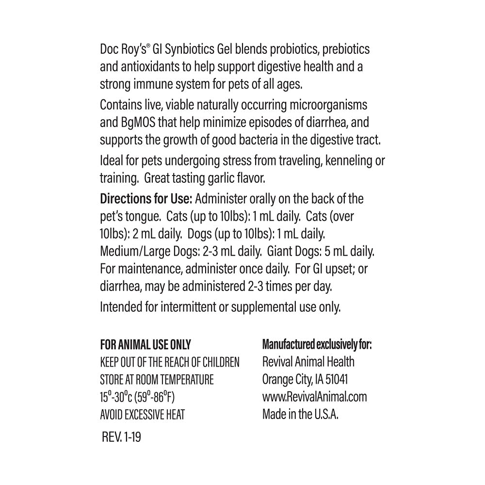 Doc Roy's GI Synbiotics- Probiotic & Prebiotic Supplement Gel - for Dogs and Cats- 30 ml Gel