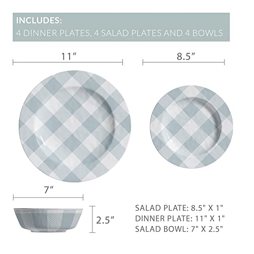 Barnyard Designs 12-piece Melamine Dinnerware Set, Durable Chip-Resistant Dishware for Indoor/Outdoor Use, Service for 4, Light Blue Buffalo Plaid, (Dinner Plate: 11β, Salad Plate: 8.5β, Bowl: 7β)
