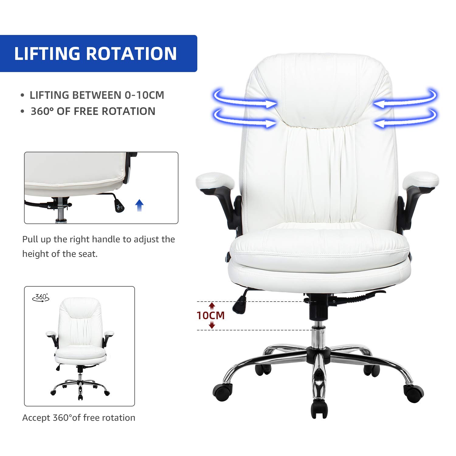 B2C2B Ergonomic Office Chair High Back Desk Chair with Flip-Up Arms and Comfy Thick Cushion Leather Computer Chair White Big and Tall 350lb Weight Capacity