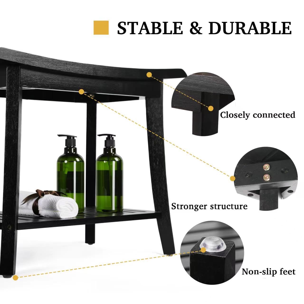Bamboo Shower Bench Inside Shower Stool with Storage Shelf, Spa Bath Chair for Bathroom, Seat or Organizer for Living Room, Bedroom and Garden - Great for All Ages Unisex Elderly (Waterproof, Black)