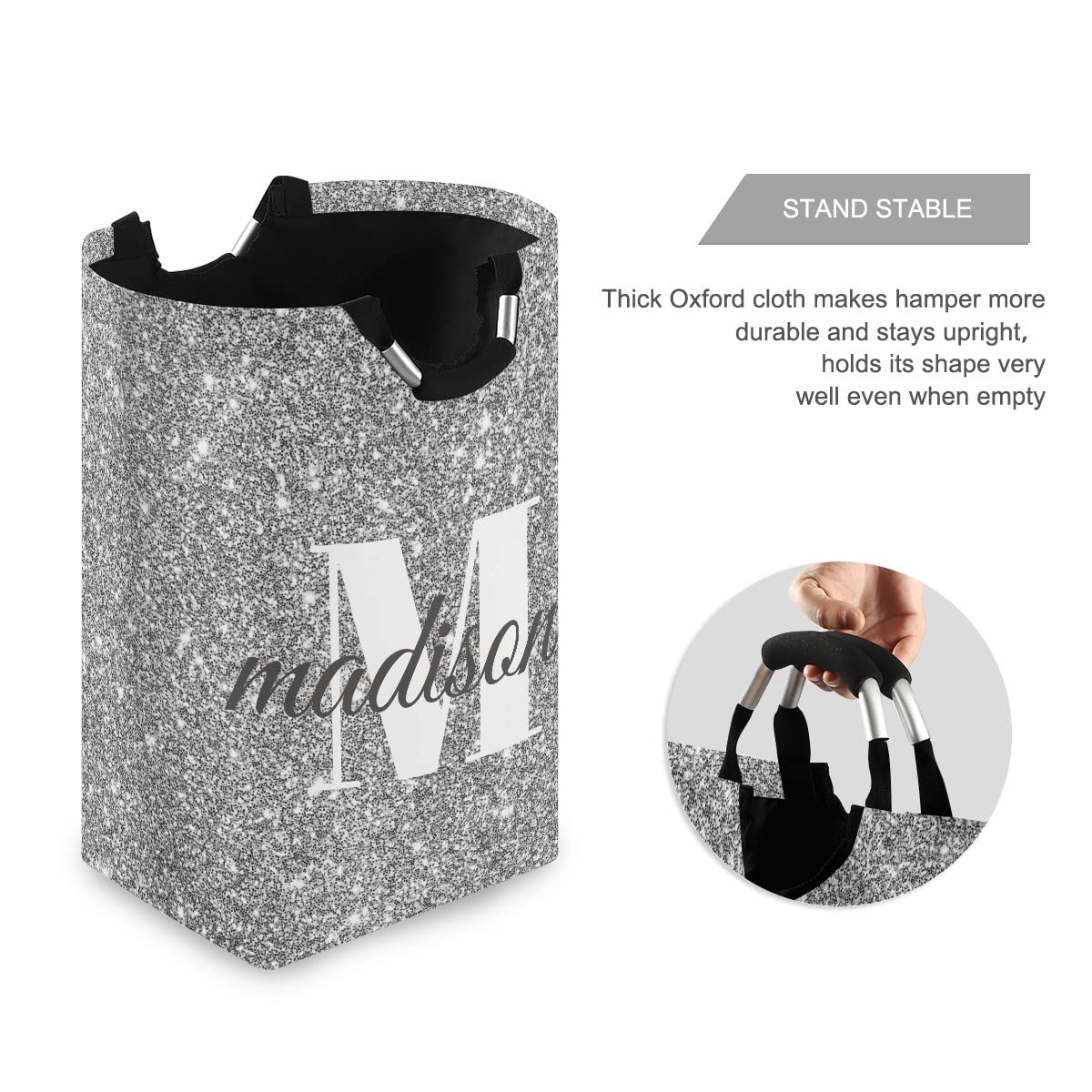 Custom Your Name Laundry Hamper Bag Silver Personalized Large Laundry Bag Collapsible Oxford Cloth Stylish Storage Bin with Handles, 22.7 Inch