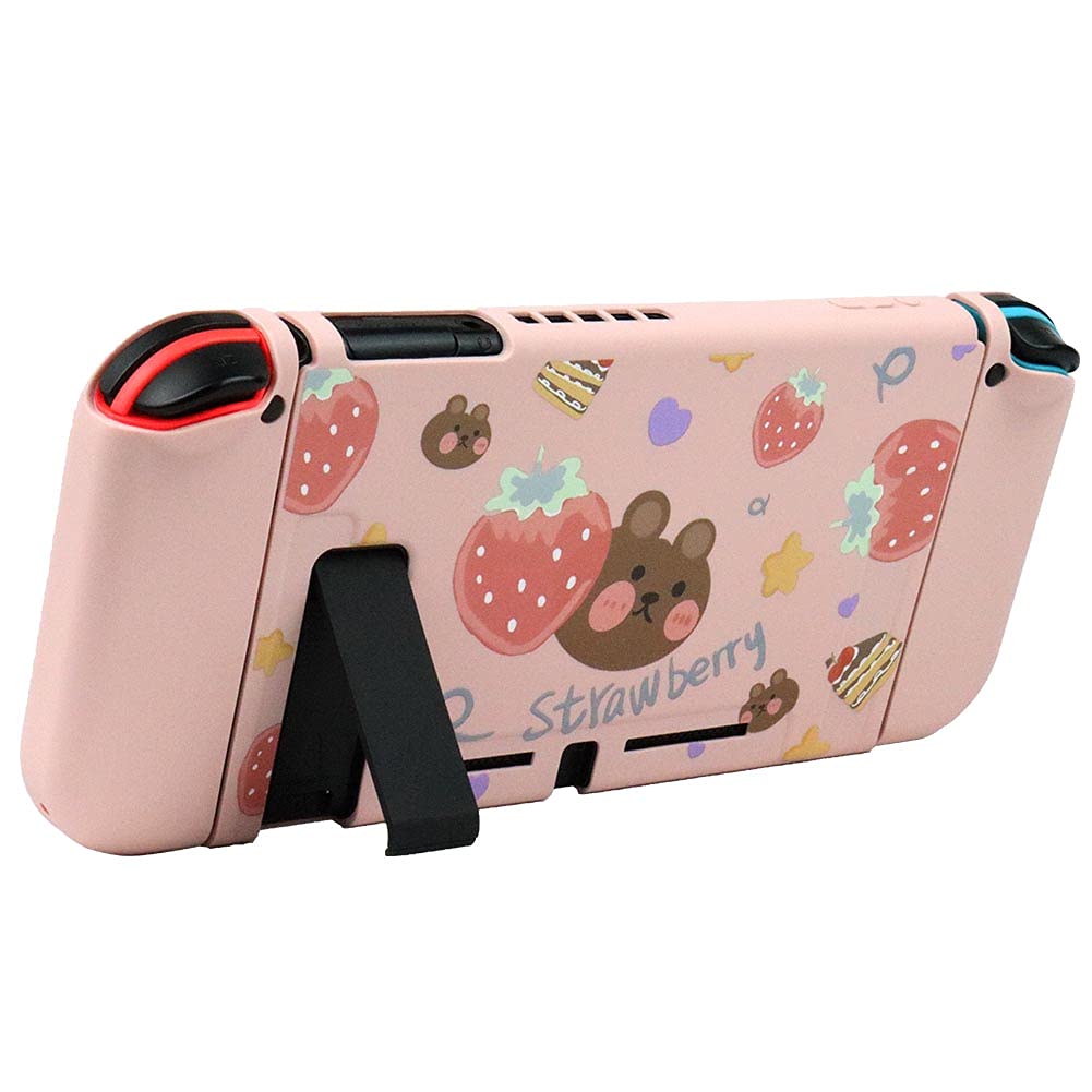 Aosai Case for Nintendo Switch, Protective Case Cover for Nintendo Switch and Joy Con Controller with 4 Thumb Grips and 2 Glass Screen Protector (Strawberry Bear Pink)