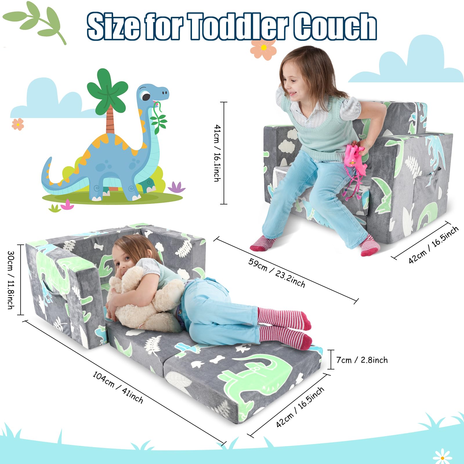 Fivetry Kids Sofa - Comfy 2-in-1 Kids Couch Bed Glow in The Dark Baby Modular Dinosaur Couch Kids Chairs Comfy Toddler Convertible Couch Bed for Girls and Boys, Grey