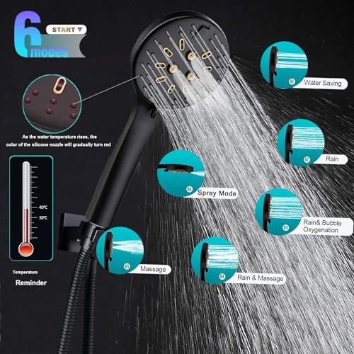 AWAXFOLO 12'' High Pressure Square Shower Head with 6-Function Adjustable Spray Handheld, 13'' Extension Arm, 78'' Hose, Water Temperature Reminder, Matte Black