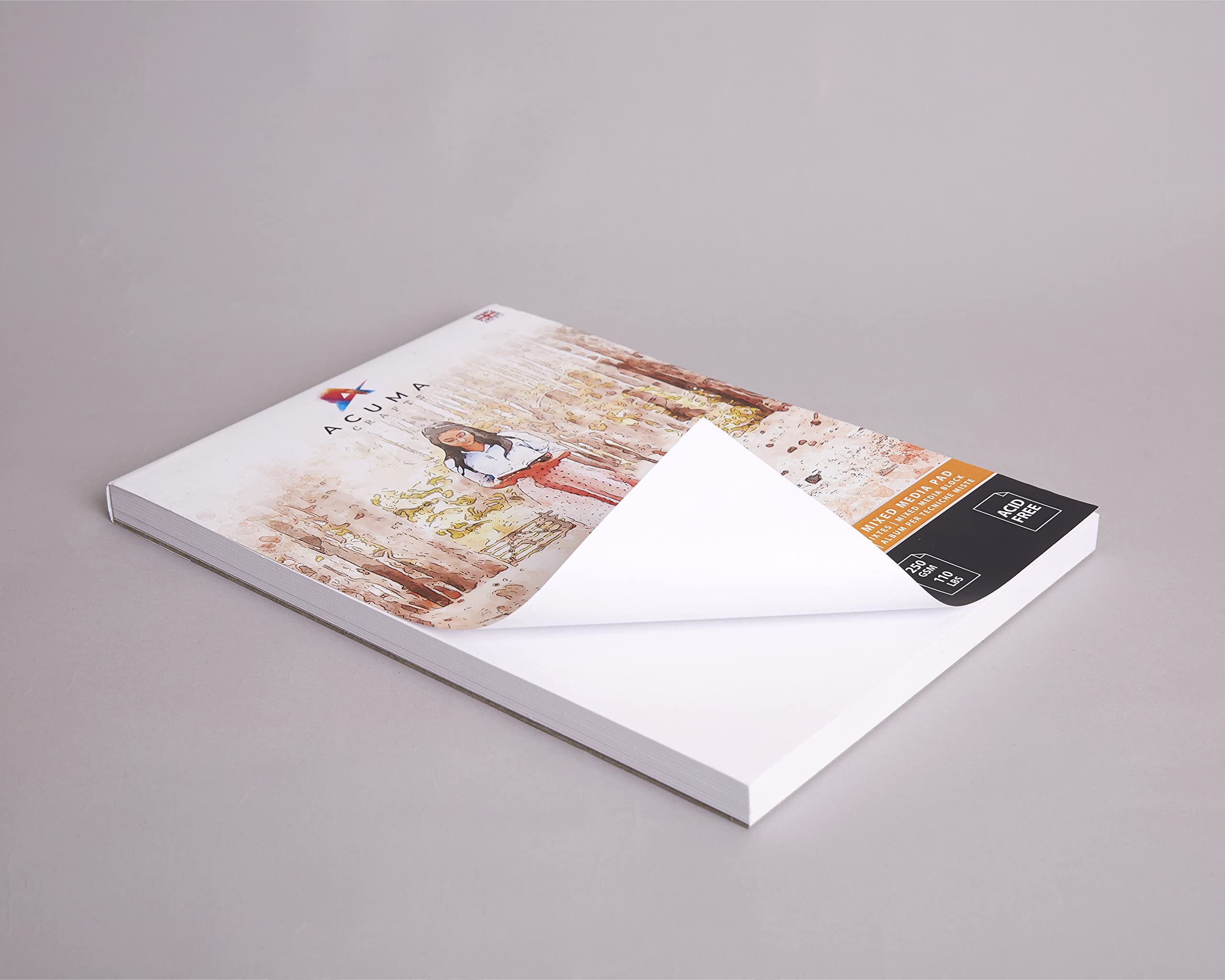 Mixed Media Paper Art Pad, 40 Sheets, A4 Size 110 lb/250 GSM, Glue Bound, Bleedproof, Acid Free, Cold Pressed for Artists Wet, Mixed Media Drawing and Techniques, Made in UK by Acuma Crafts
