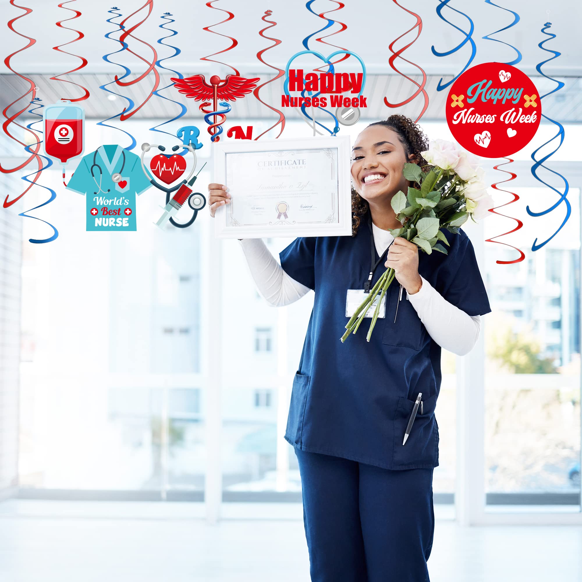 Nurses Week Decorations, 38PCS Nurses Hanging Swirls Decorations 2024, Blue Red Swirls School RN Nurse Graduation Decor, Happy Nurses Week Appreciation Swirls for Nursing Graduation Party Supplies