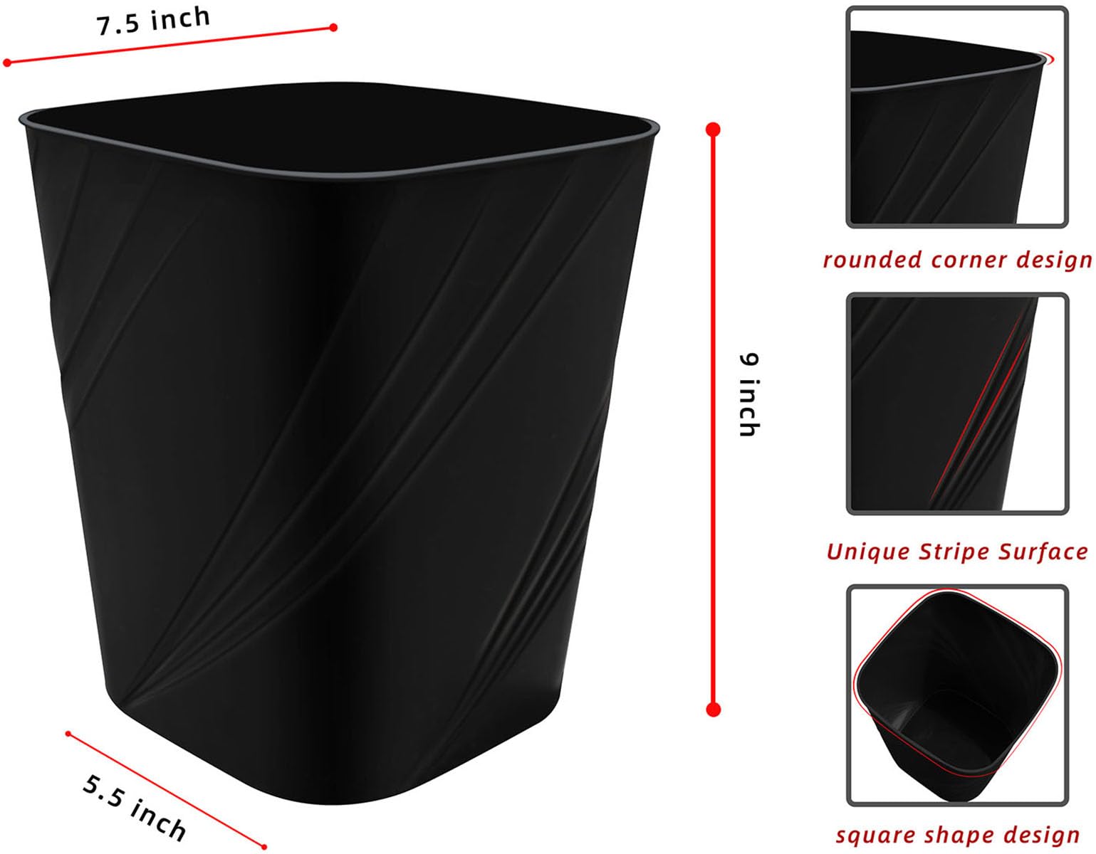 DAJITRE Small Plastic Trash Can Wastebasket Recycling Bin for Bathroom, Dorm, Bedroom,Home Office, Garbage Can for Bedroom, Kids Room (1, Black)