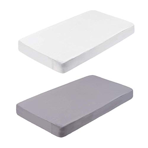 Bamuho 2 Pack Pack n Play Sheets, Fitted Mini Crib Sheet for Portable Playard Pack and Play Soft Baby Sheet - Grey and White 38"x26"x5"