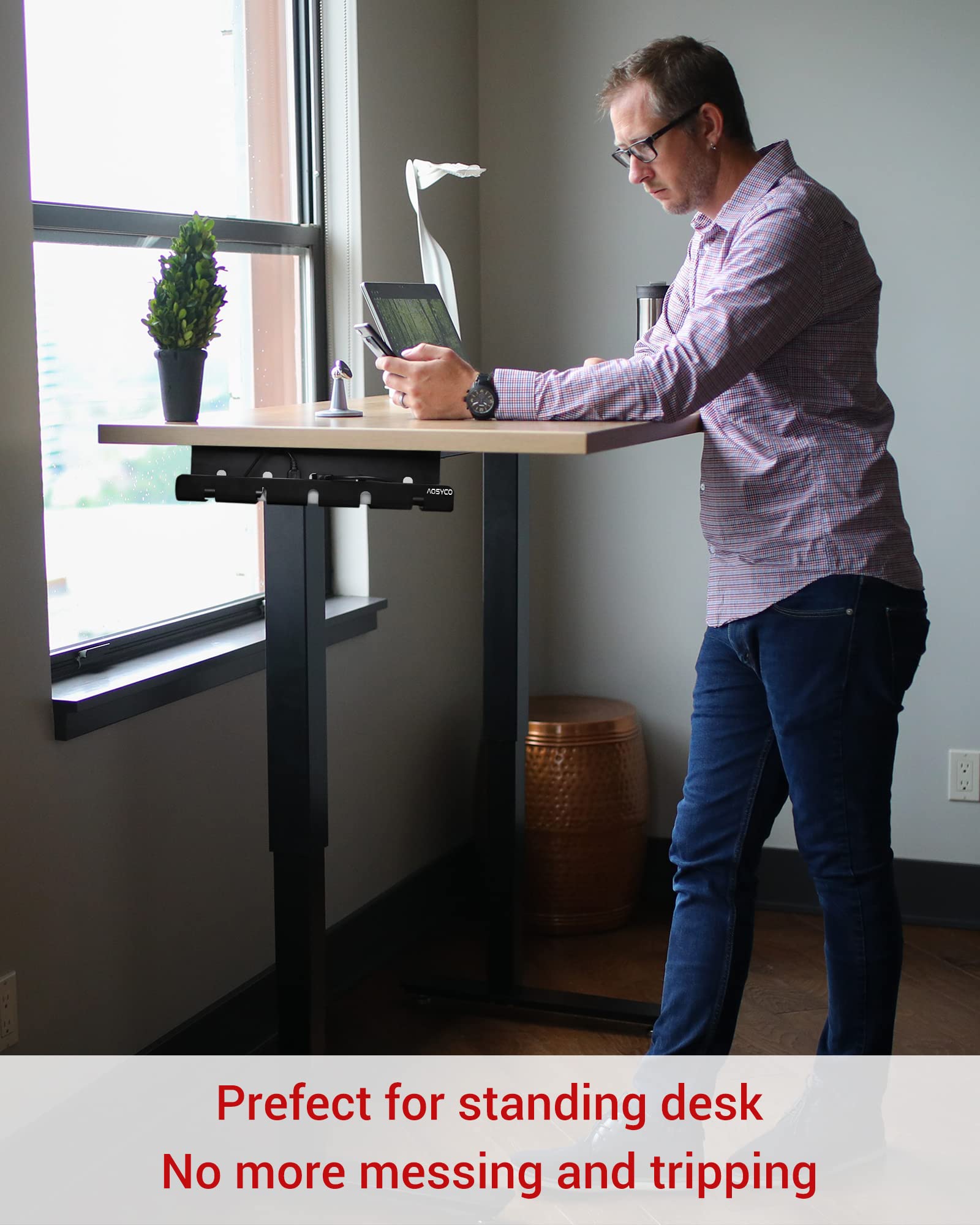 AOSYCO Under Desk Cable Management Tray, Alloy Steel, Perfect for Standing Desk Cord Organizer, No Drill for Under Table and Wire Management, Large Rack, Black Raceway Tray, 15.7in