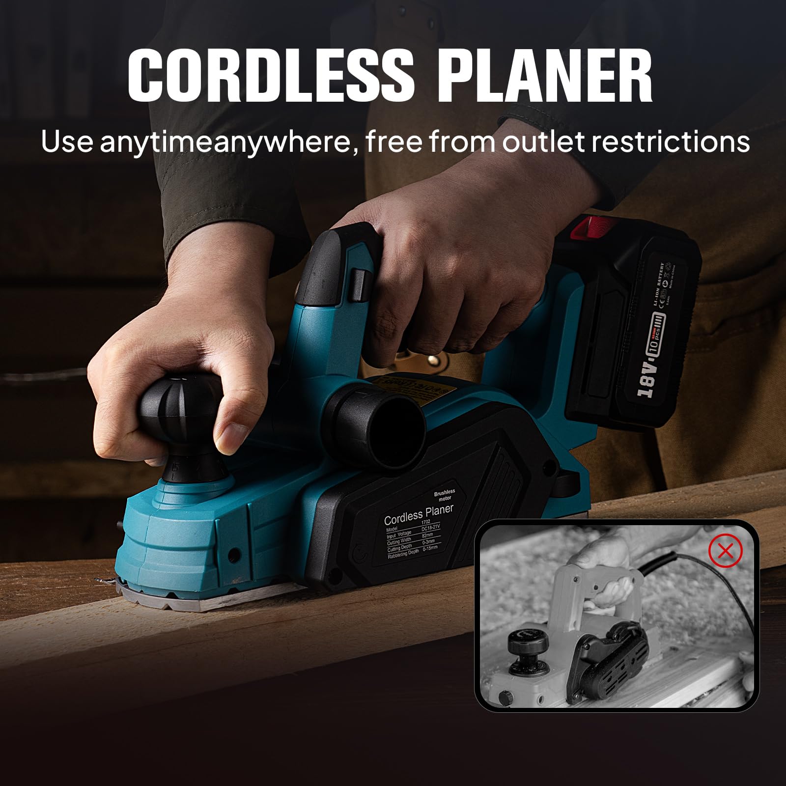 Seesii Cordless Hand Planer with 5.0Ah Battery, Adjustable 1/8-Inch Depth, Brushless Motor – Powerful Electric Hand Planer for Wood