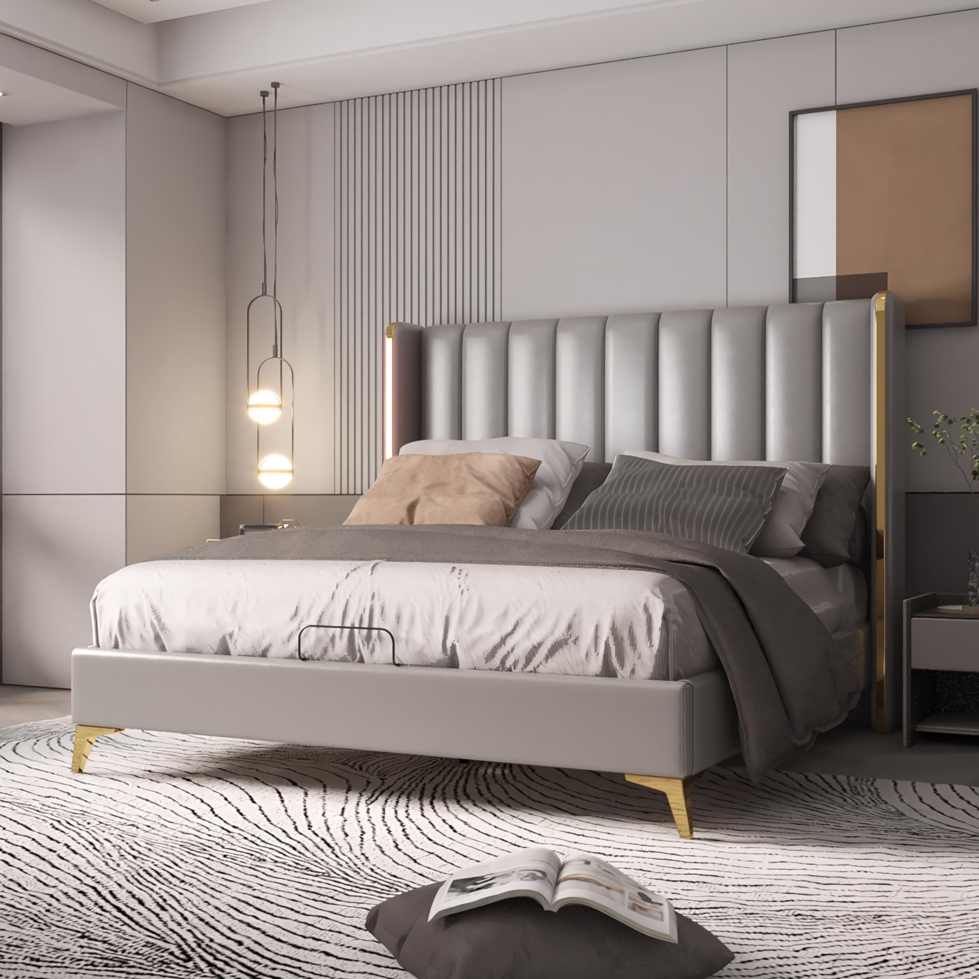 APRILSOUL King Size Channel Tufted Upholstered Platform PU Leather Bed Frame with 56“ Tall Headboard & Thickening Pinewooden Slats and Metal Leg,No Box Spring, for Bedroom,Light Gray