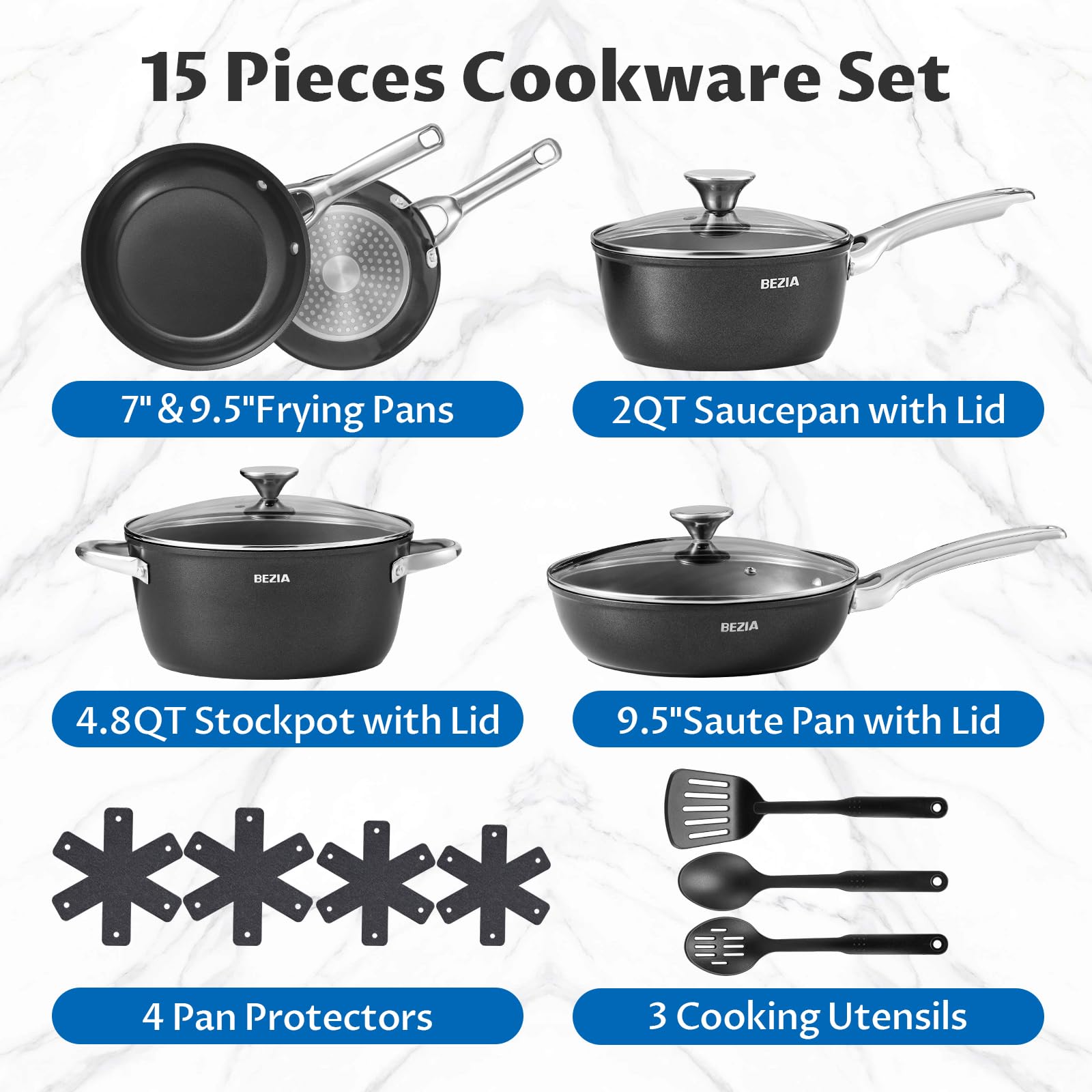 BEZIA Induction Cookware Set 15-Piece, Pots and Pans Set Non Stick with Ceramic Coating, Induction Pots Set with Stainless Steel Handles & Lids, Oven Safe, Compatible with All Stoves