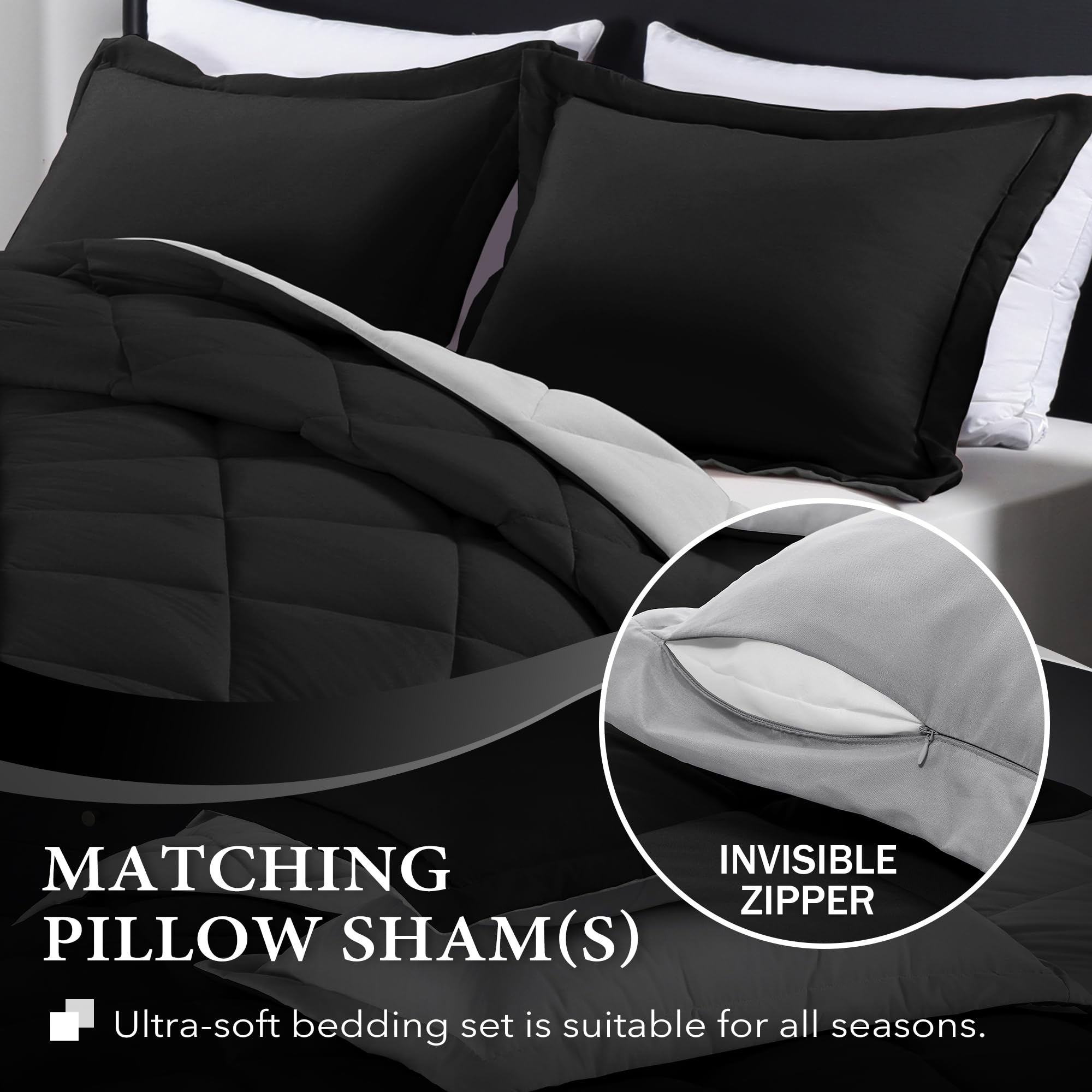 downluxe Queen Comforter Set - Black and Grey Comforter Set Queen, Soft Bedding Sets for All Seasons -3 Pieces - 1 Comforter (88"x92") and 2 Pillow Shams(20"x26")
