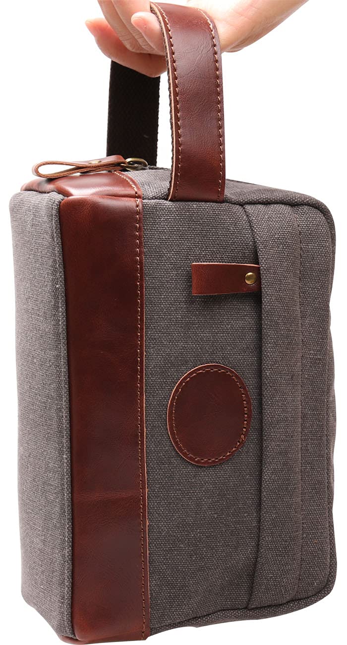 Vintage Leather Canvas Travel Toiletry Bag Shaving Dopp Kit #A001 (Grey)