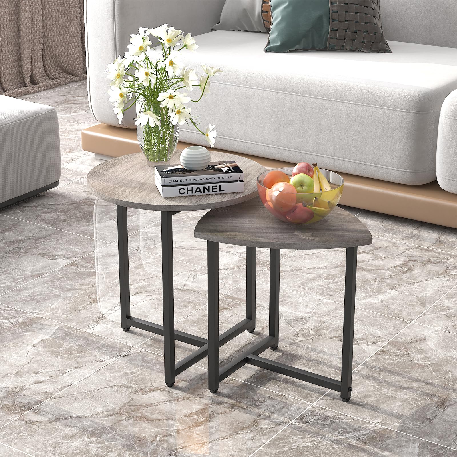Wolawu Nesting Table Small Round Coffee Table,Set of 2 End Tables,Minimalist Side Table for Living Room Bedroom,Stacking Sofa Side Tables with Solid Metal Frame for Small Space,Oak