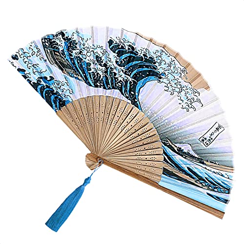 Japanese Fan Handmade Decorative Accessories - Folding Fan Vintage Hand Fans for Women Portable Folding Fan Bamboo Silk Fan - Japanese Decorations Retro Fans - Kanagawa Wave Foldable Fan Handheld