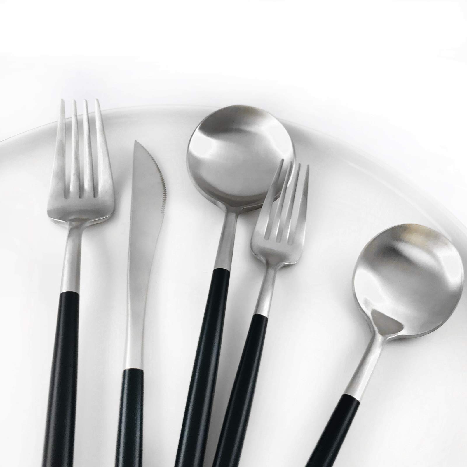 Gugrida Black Silver Flatware, Royal 5 Piece Matte Black Handle 18/10 Stainless Steel Tableware Sets for 1 Including Forks Spoons Knives, Camping Silverware Travel Utensils Set Cutlery Black/Silver