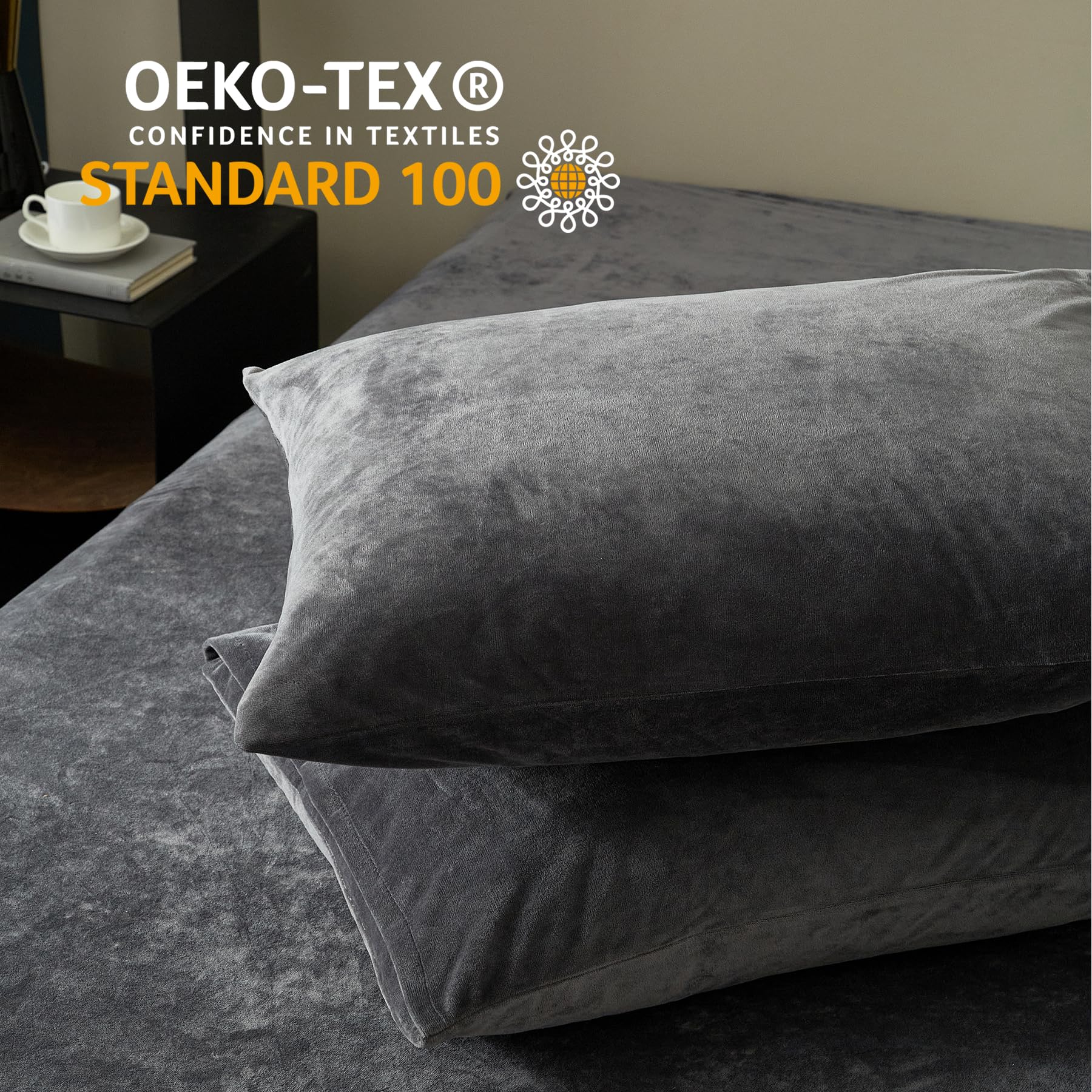 SE SOFTEXLY Velvet Duvet Cover King Size, Soft Flannel Duvet Cover with Zipper Solid Breathable Silky Velour Comforter Cover, Cozy Winter Duvet Cover Set with 2 Pillowcases, 90" x 104", Charcoal Grey