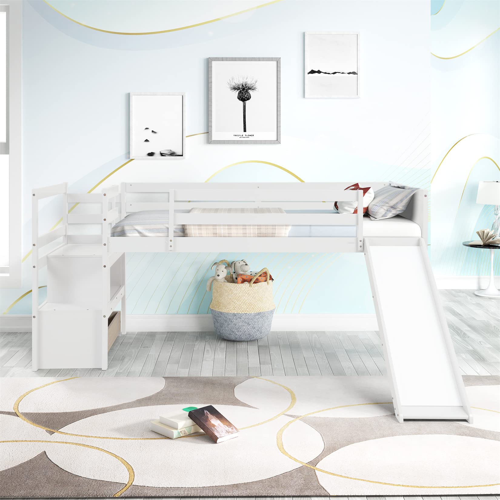 Low Loft Bed with Slide and Stairs Twin Loft Bed with Storage Wood Bed Frame for Kids Teens Girls Boys, White